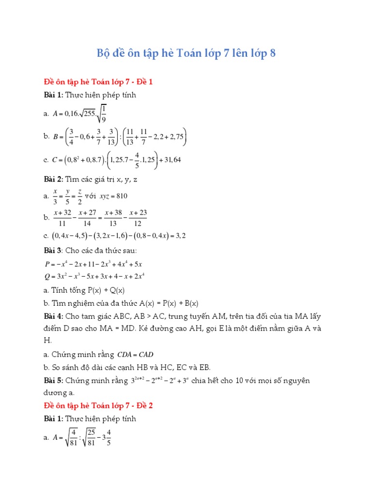 Bo de On Tap He Toan Lop 7 Len Lop 8 | PDF