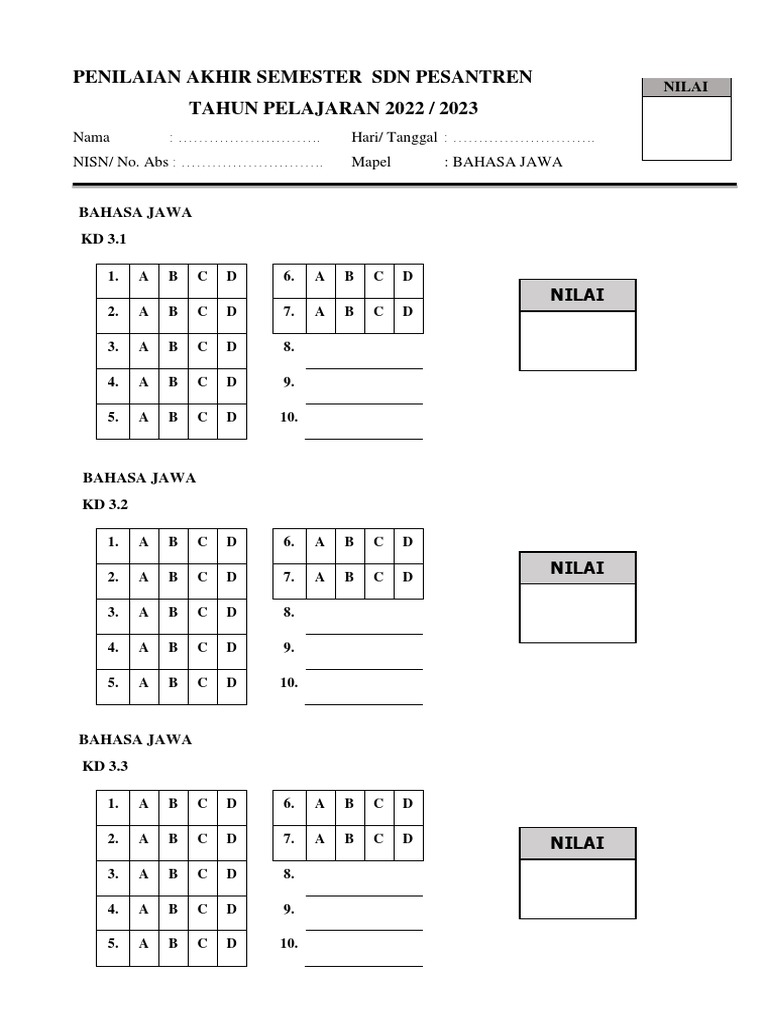 PAS BAHASA JAWA KELAS 5 lembar jawab oke | PDF