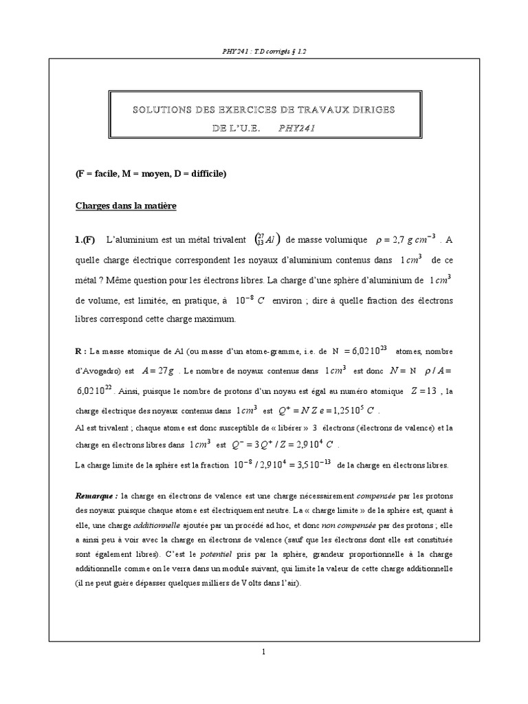 Solutions T.D PHY 241 : Charges et Forces | PDF | Noyau atomique | Atomes