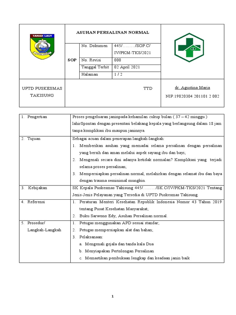 SOP ASUHAN PERSALINAN NORMAL | PDF