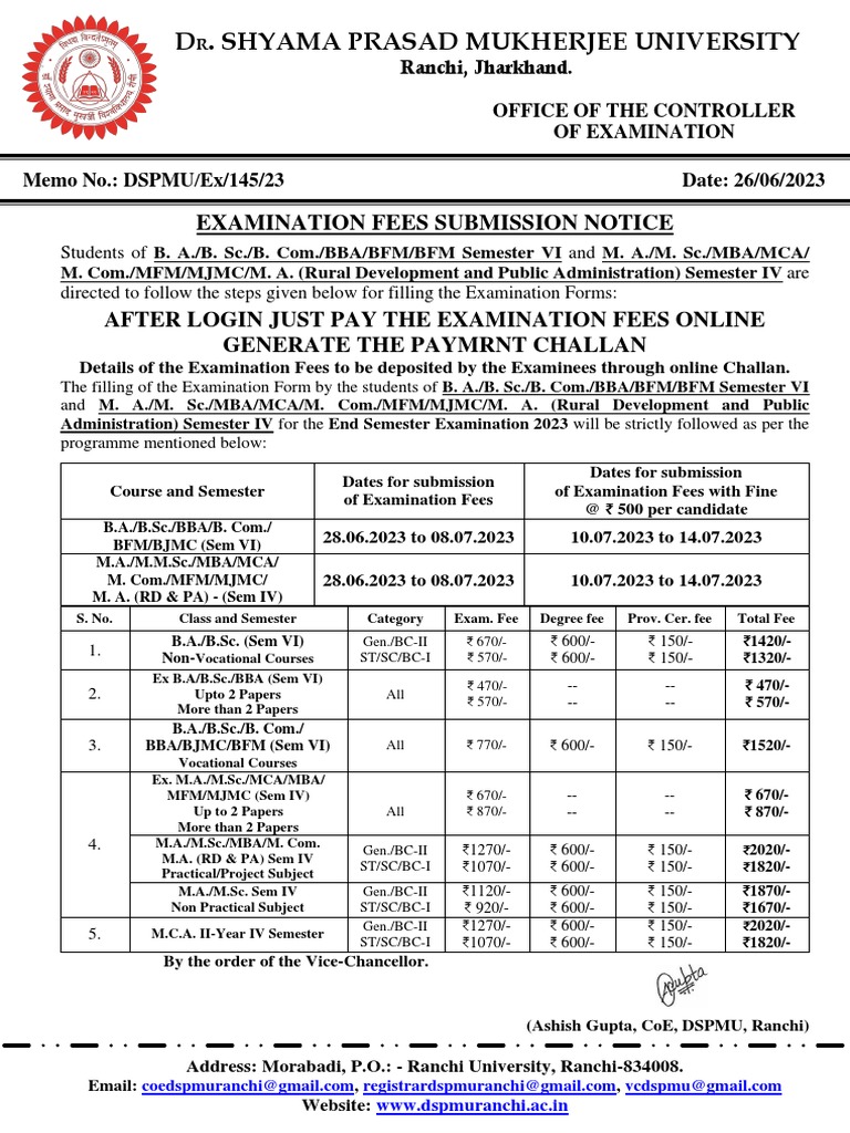 26.06.2023 - Examination Notice - Fees Submission - UG Sem VI and PG Sem IV | PDF | Career And ...