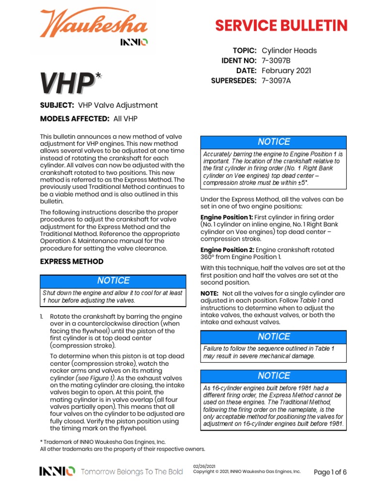 Waukesha Valve Adjustment All VHP Engines | PDF | Engines | Piston