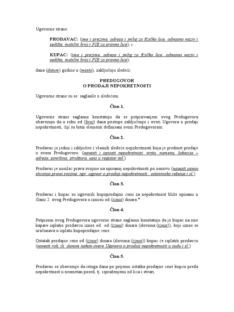 Predugovor o Prodaji Nepokretnosti | PDF
