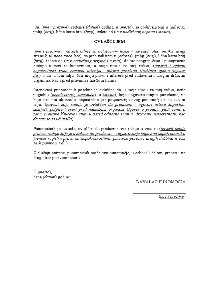 Punomoćje Za Kupovinu Nepokretnosti | PDF
