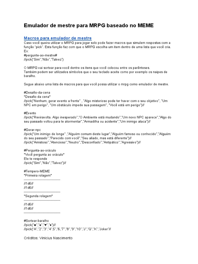 Emulador de Mestre para MRPG - Baseado No Meme | PDF
