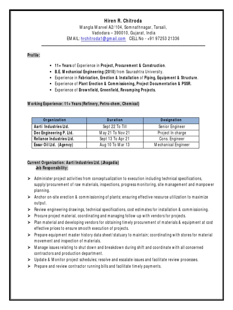 CV - Mechanical Project - Hiren Chitroda | PDF | Oil Refinery
