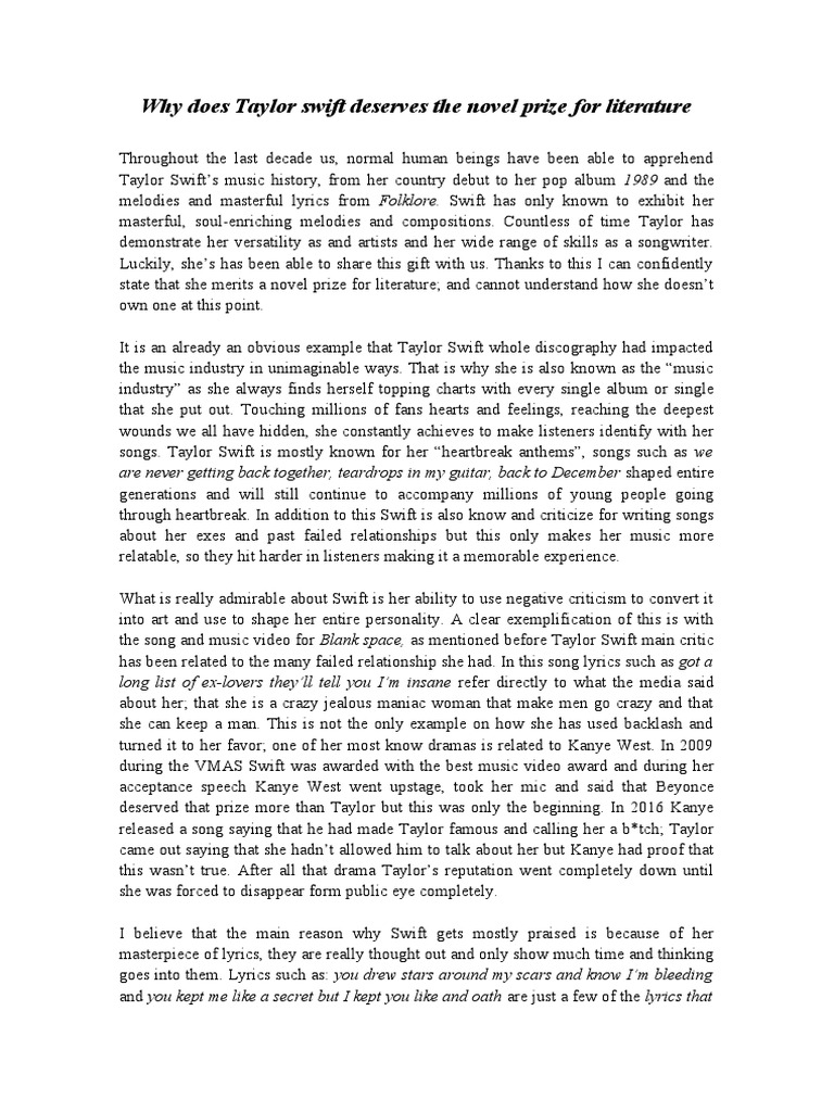 Why Does Taylor Swift Deserves A Novel Prize For Literature - Essay ...