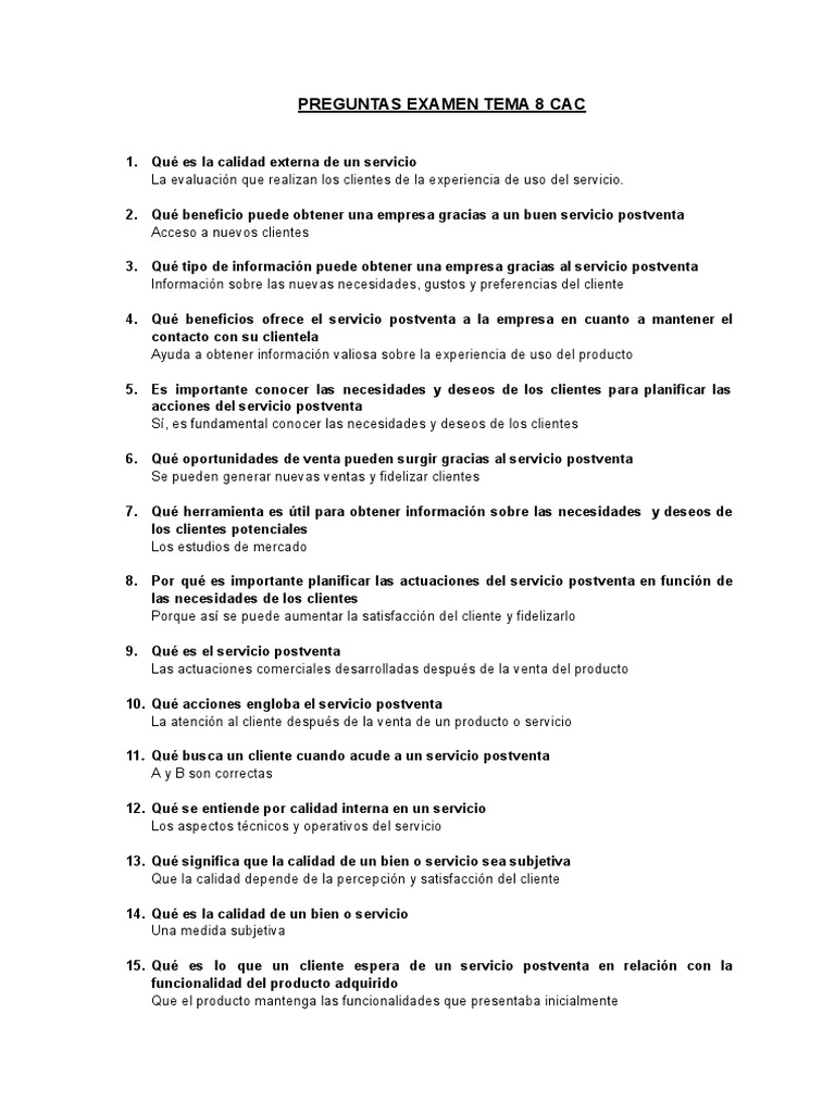 T.8 Preguntas Examen CAC | PDF | Calidad (comercial) | Cliente