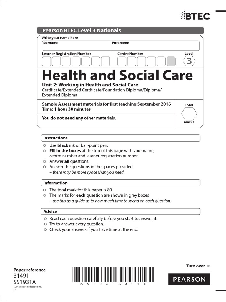 Additional Sample Assessment Material Unit2 Working in Health and ...
