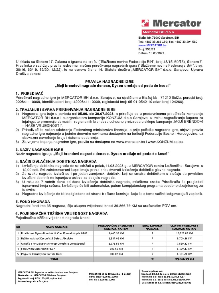 Pravila Nagradne Igre Moji Brendovi 2023 FBIH | PDF