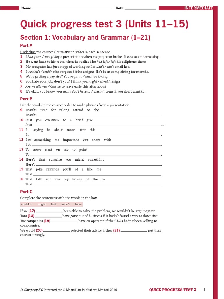 In Company 3.0 Intermediate Quick Progress Test 3 | PDF | Communication