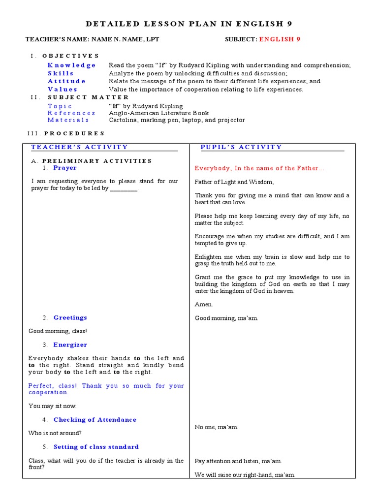 Exemplar Lesson Plan in English 9 If by Rudyard Kipling | PDF | Lesson ...