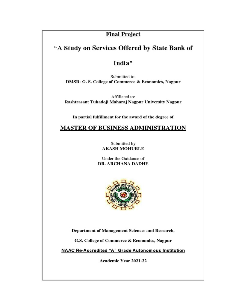 "A Study On Services Offered by State Bank of India": Final Project ...