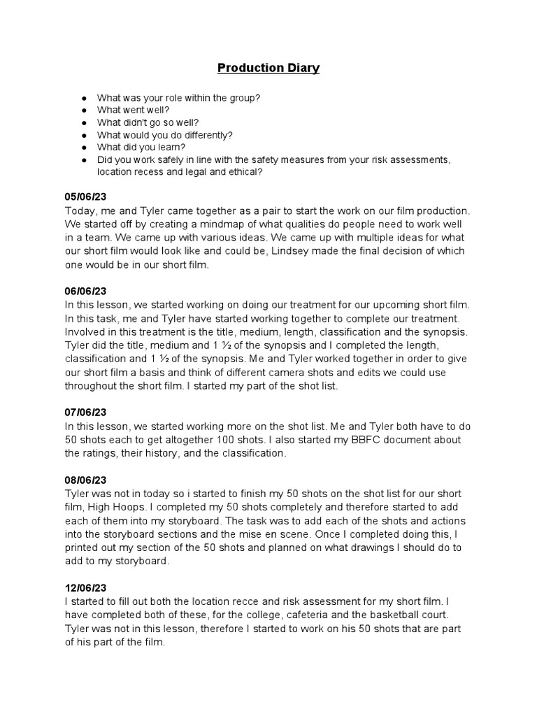 Production Diary - FILM | PDF