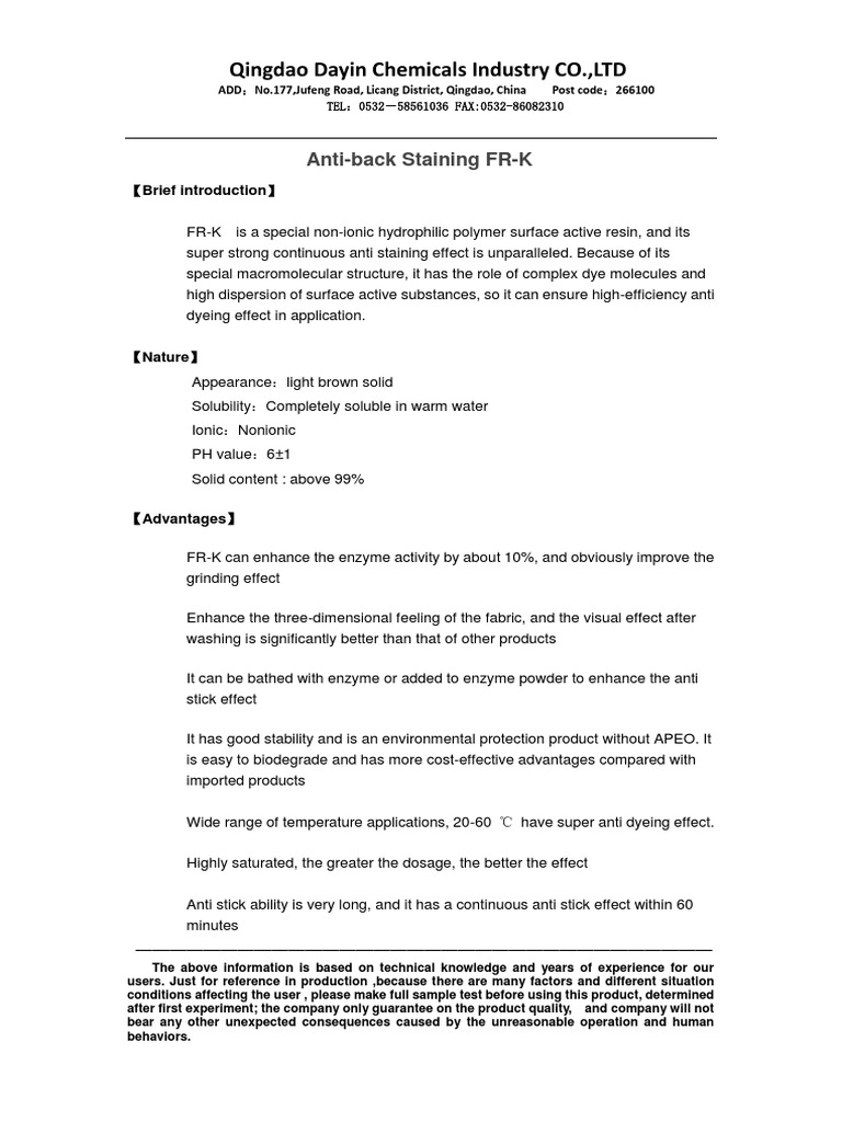 Anti - Back Staining FR-K | PDF | Solubility | Enzyme