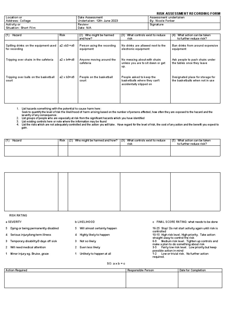 College Film Risk Assessment Form | PDF | Risk | Risk Assessment