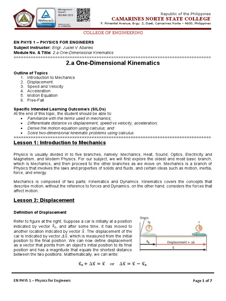 02a Kinematics One Dimension Studentts | PDF | Acceleration | Velocity
