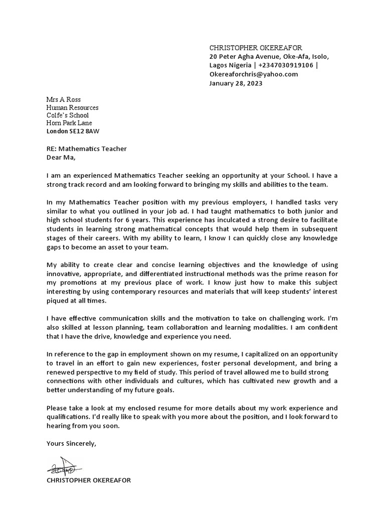Christopher Okereafor Cover Letter 2023 | PDF