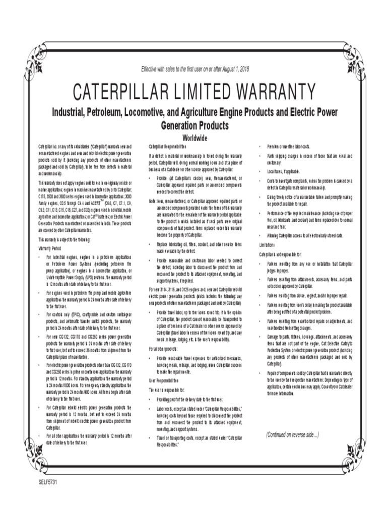 D74a20 - CATERPILLAR WARRANTY STATEMENT SELF5731 | PDF | Legal ...
