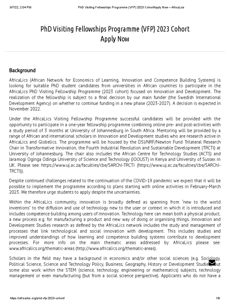 PHD Visiting Fellowships Programme (VFP) 2023 CohortApply Now - AfricaLics | PDF | Doctor Of ...