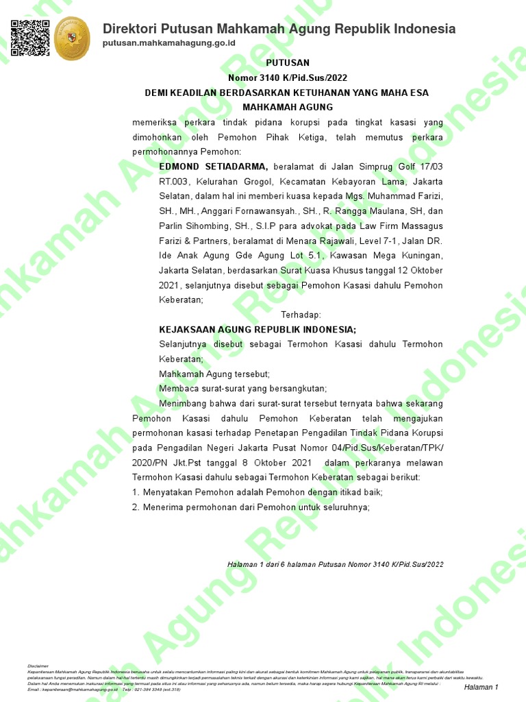 Putusan Kasasi Korupsi Edmond Setiadarma | PDF