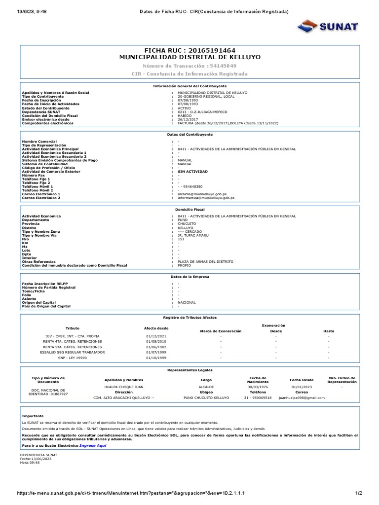 FICHA RUC SUNAT - Menú SOL | PDF | Economias