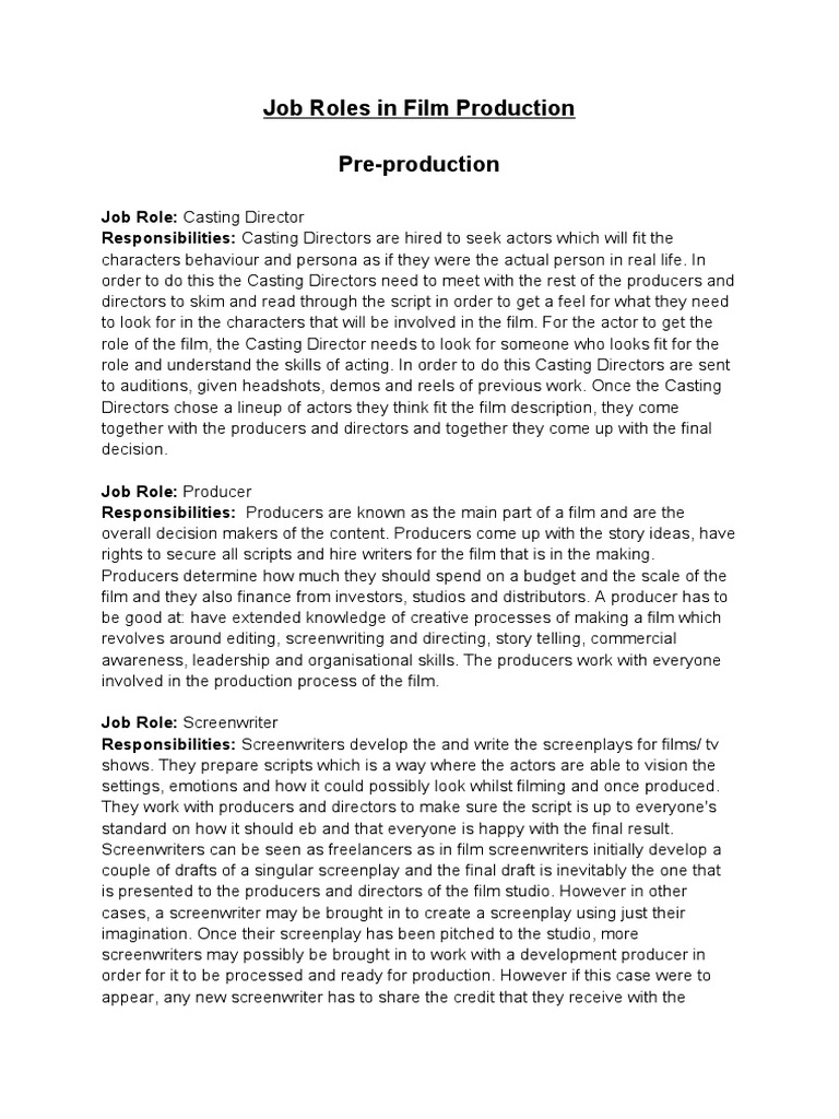 Film Production Job Roles Guide | PDF | Filmmaking | Film Director