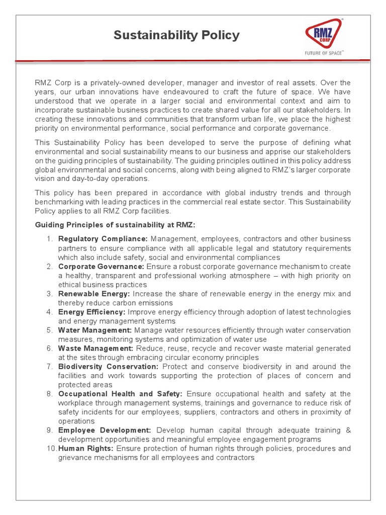 rmz-sustainability-policy | PDF | Sustainability | Governance