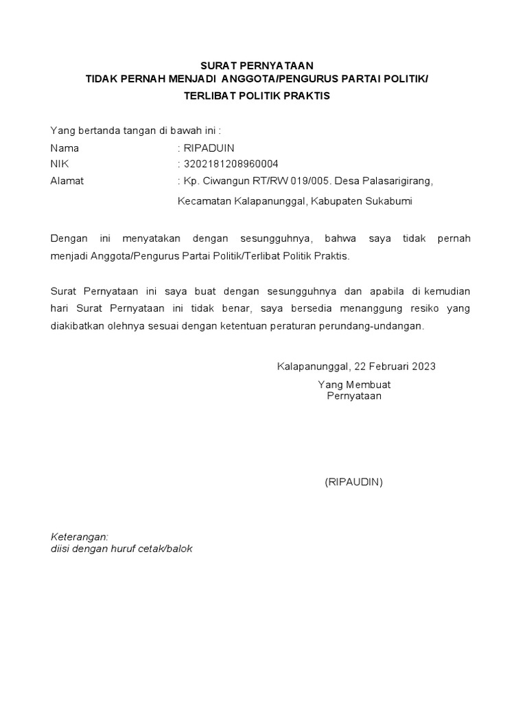 Surat Pernyataan Tidak Terlibat Partai Politik | PDF