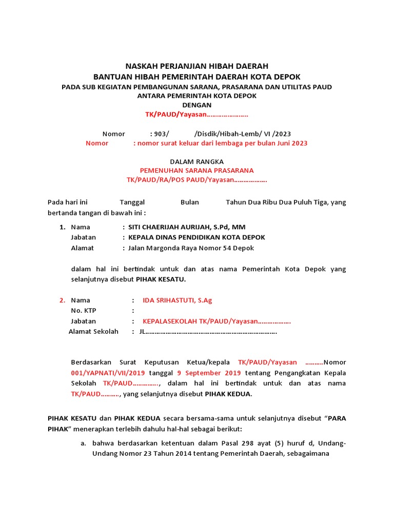 Format NPHD Hibah Pokir Paud Tahun 2023 | PDF | Hukum | Griya & Taman