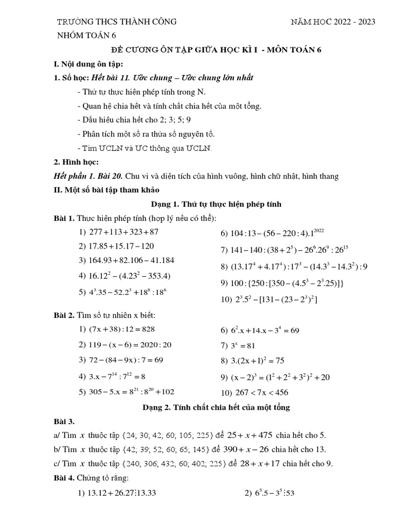 De Cuong On Tap Giua Ki 1 Toan 6 Nam 2022 2023 Truong Thcs Thanh Cong Ha Noi 3 | PDF