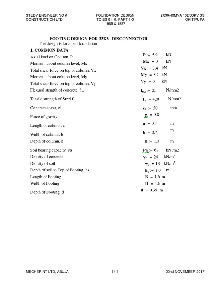 33KV DS Single Pad Foundation Design | PDF | Continuum Mechanics | Mechanics