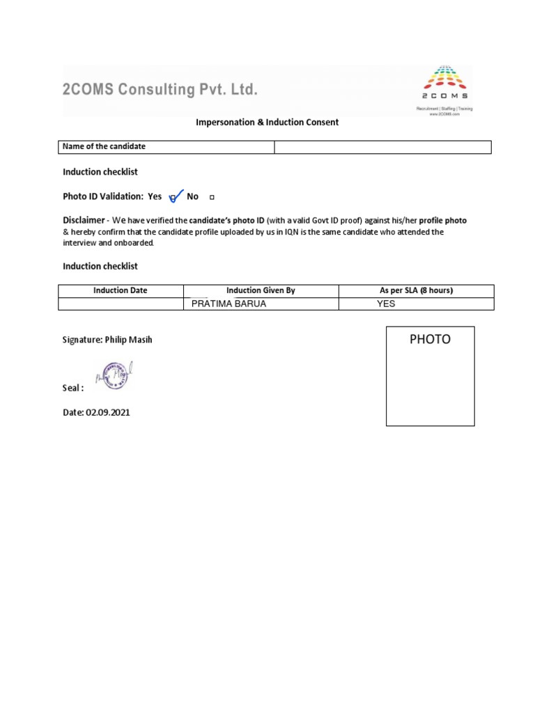 Induction Consent & Photo ID Verification | PDF