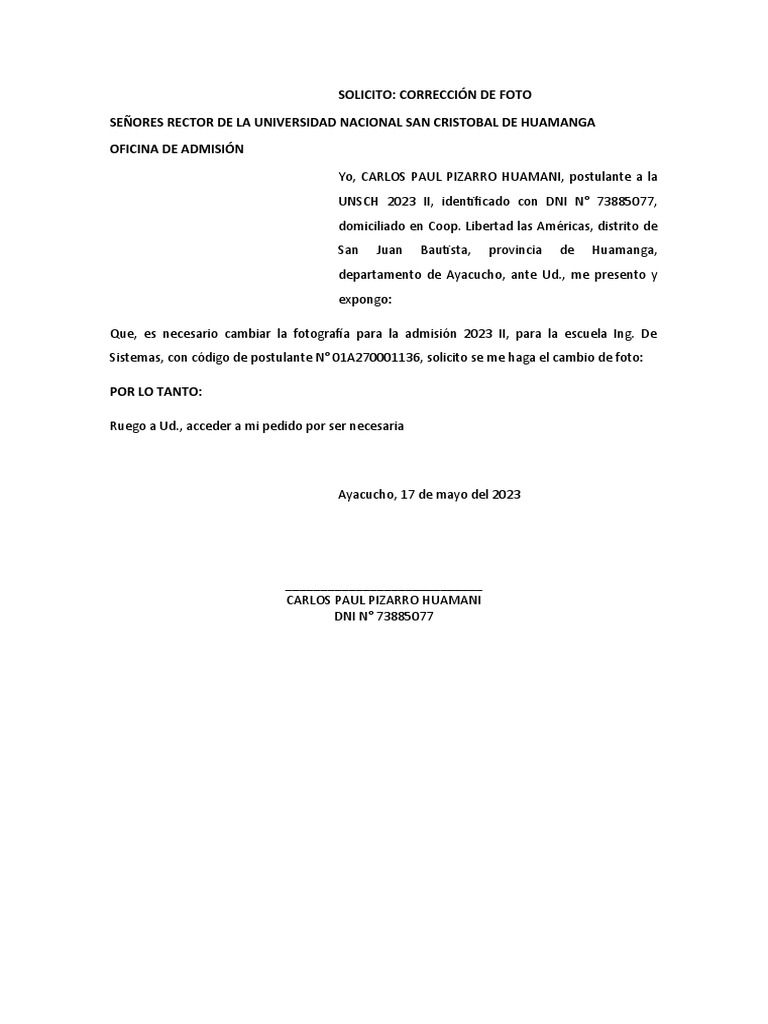 Solicito Cambio De Foto Unsch Pdf