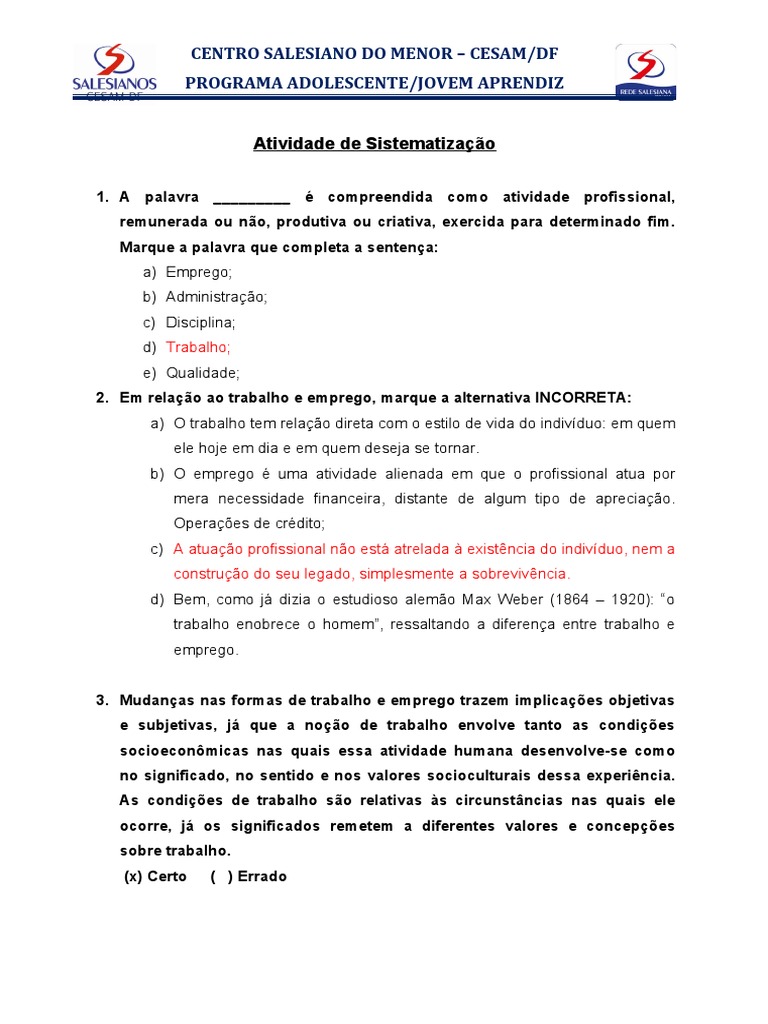 Atividade Prof. - A História Do Trabalho - Trabalho X Emprego | PDF | Aprendizado | Dinheiro