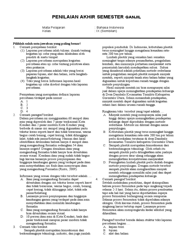 Soal Pas B Indo Kls 9 | PDF