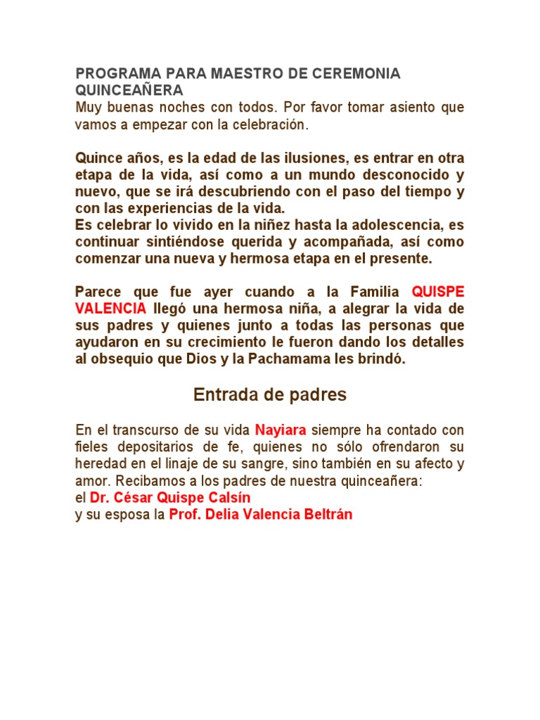 Programa para Maestro de Ceremonia Quinceanera Nayiara | PDF