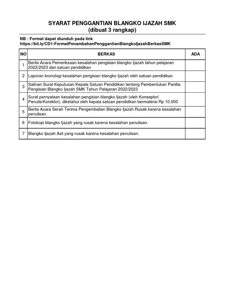 Cd1-Persyaratan Penggantian Blangko Ijazah SMK 2023 | PDF