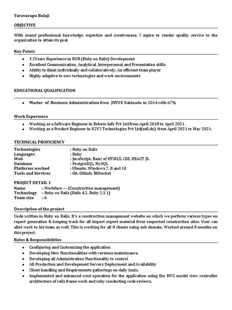 Y Balaji Resume ROR | PDF | Ruby On Rails | Model–View–Controller Y Balaji Resume ROR | PDF | Ruby On Rails | Model–View–Controller