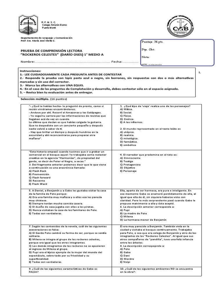 Prueba Rockeros Celestes 1° Medio A CAB | PDF | Novelas