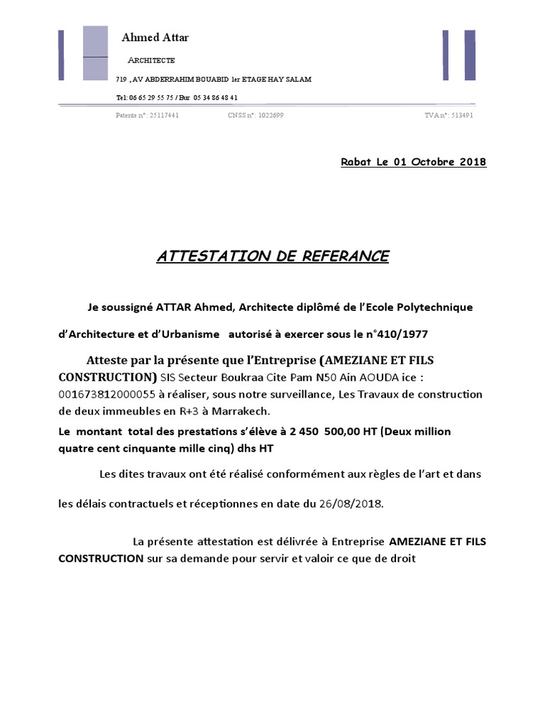 Attestation de Référence pour Travaux | PDF | Finance et gestion monétaire