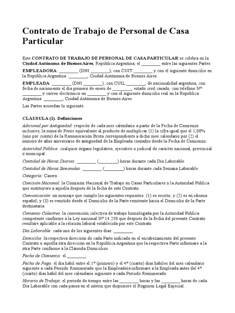 Contrato de Trabajo de Personal de Casa Particular | PDF | Salario | Derecho laboral