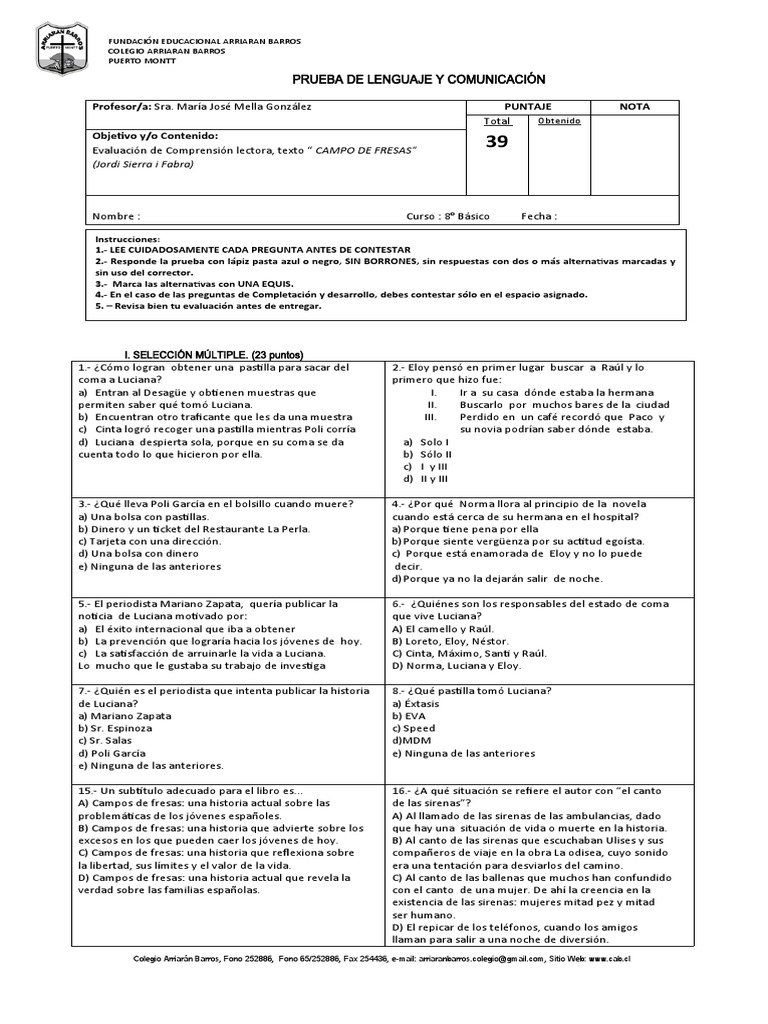 Prueba Campo de Fresas 8° A (Fila2) | PDF