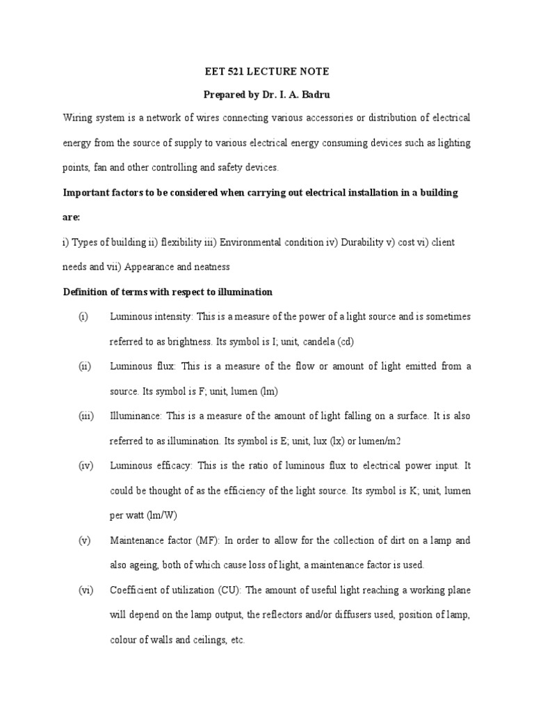 Eet 521 Lecture Note | PDF | Lighting | Equipment Eet 521 Lecture Note | PDF | Lighting | Equipment