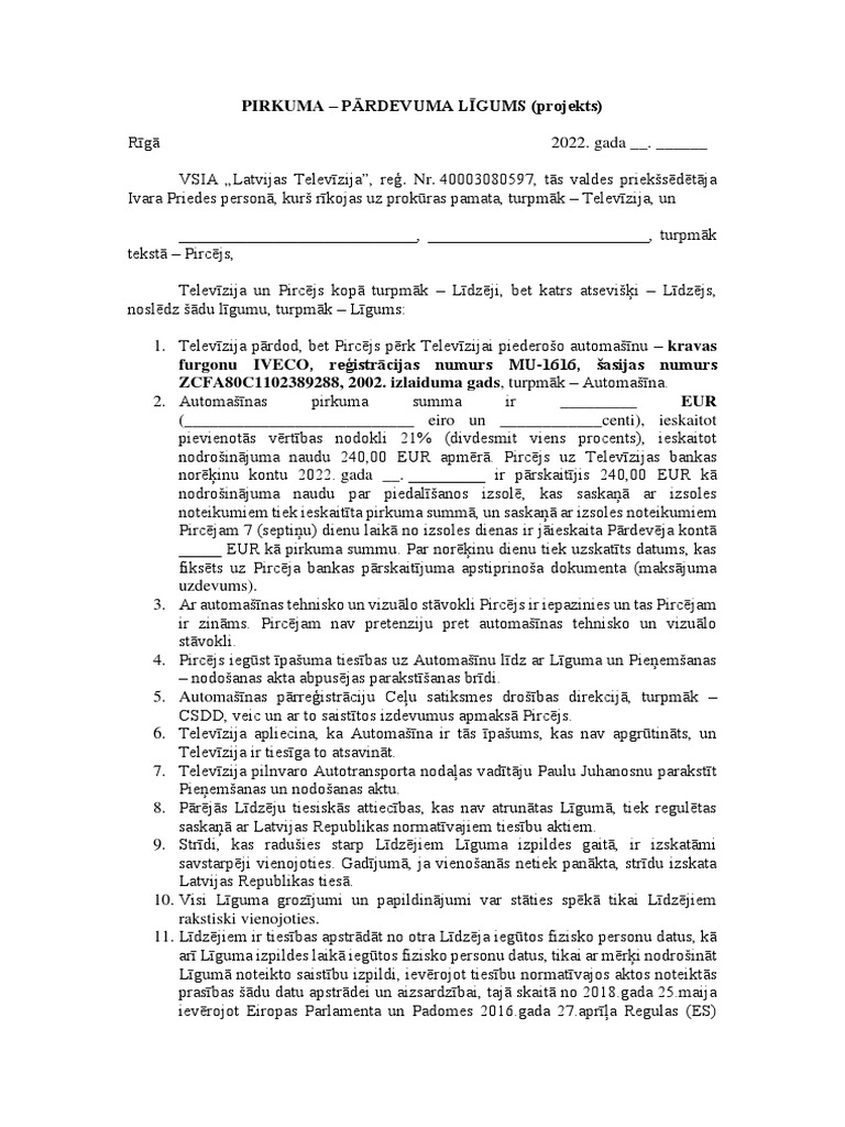 Kravas Furgona Pirkuma Līguma Projekts | PDF