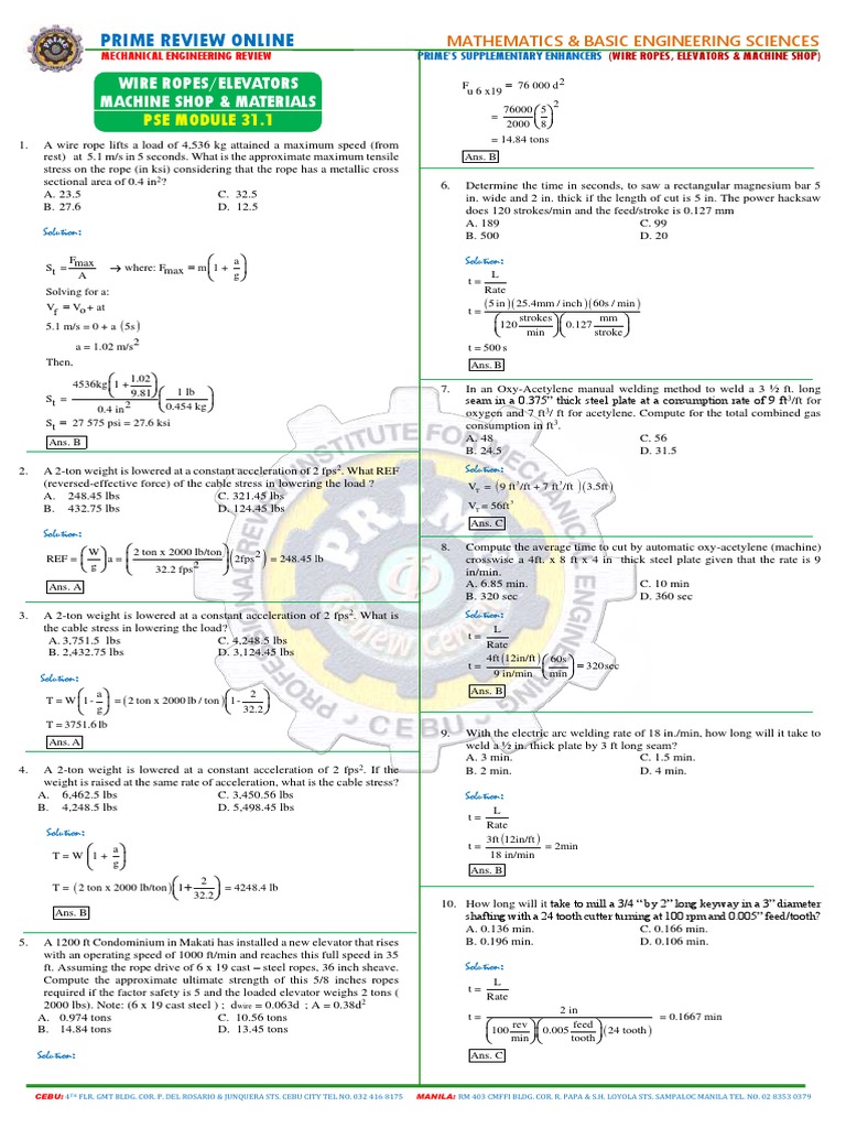 Wire Ropes, Elevators & Machine Shop (PSE Module 31.1) Solution | PDF | Steel | Construction