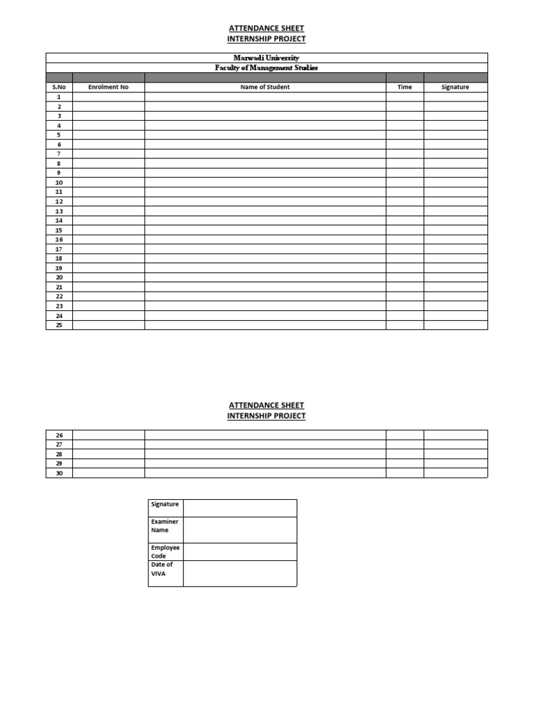 Attendance Sheet-Internship | PDF | Educational Stages | Vocational Education