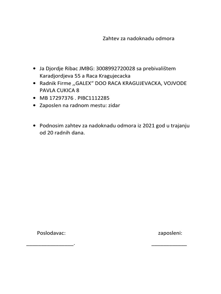 Zahtev Za Nadoknadu Odmora | PDF