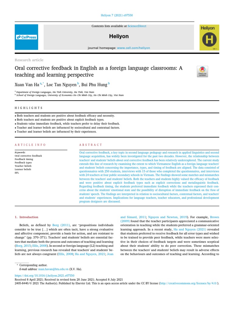 Oral Corrective Feedback X. Van Ha 2021 | PDF | English As A Second Or ...