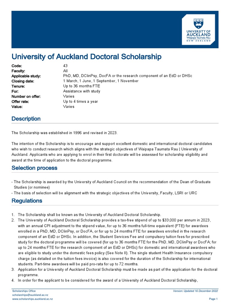 Auckland Doctoral Scholarship Guide | PDF | Doctor Of Philosophy ...